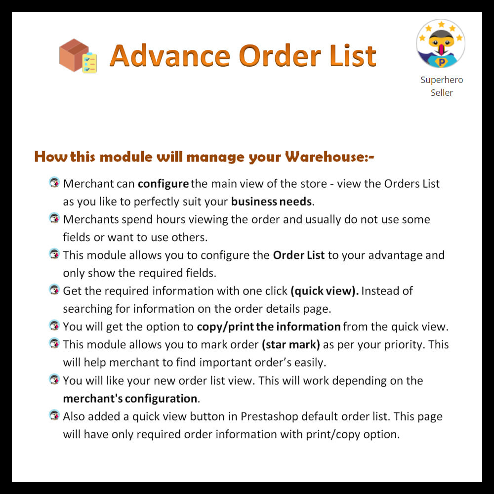 Advance order list-configurable/ fast view