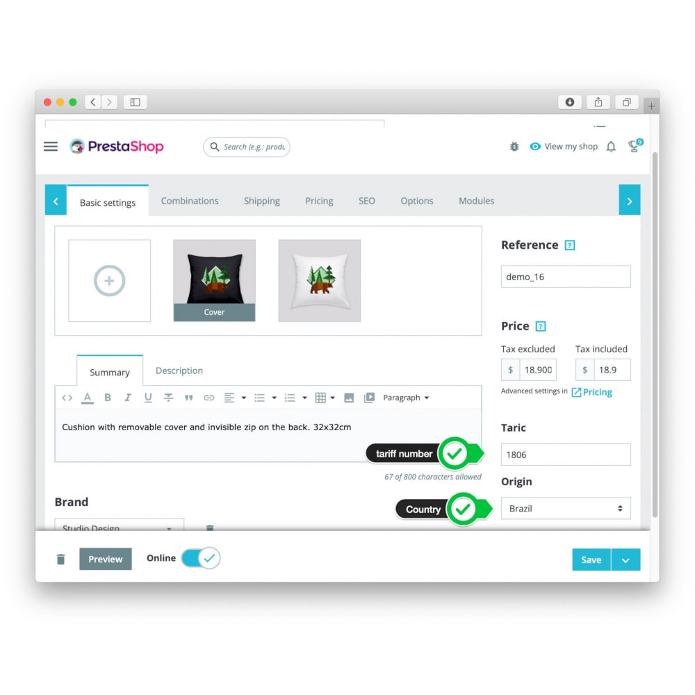 Product TARIC code and Origin Country fields