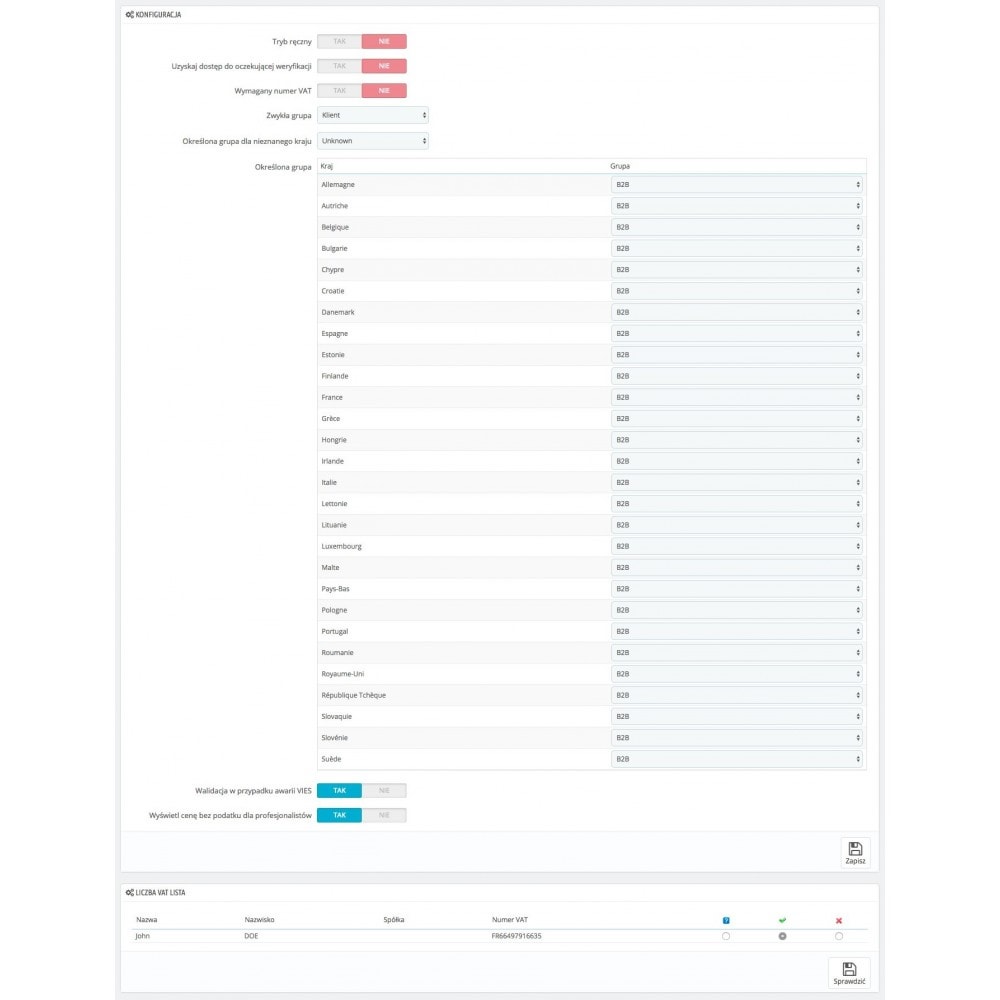 Numer VAT - grupa klientów